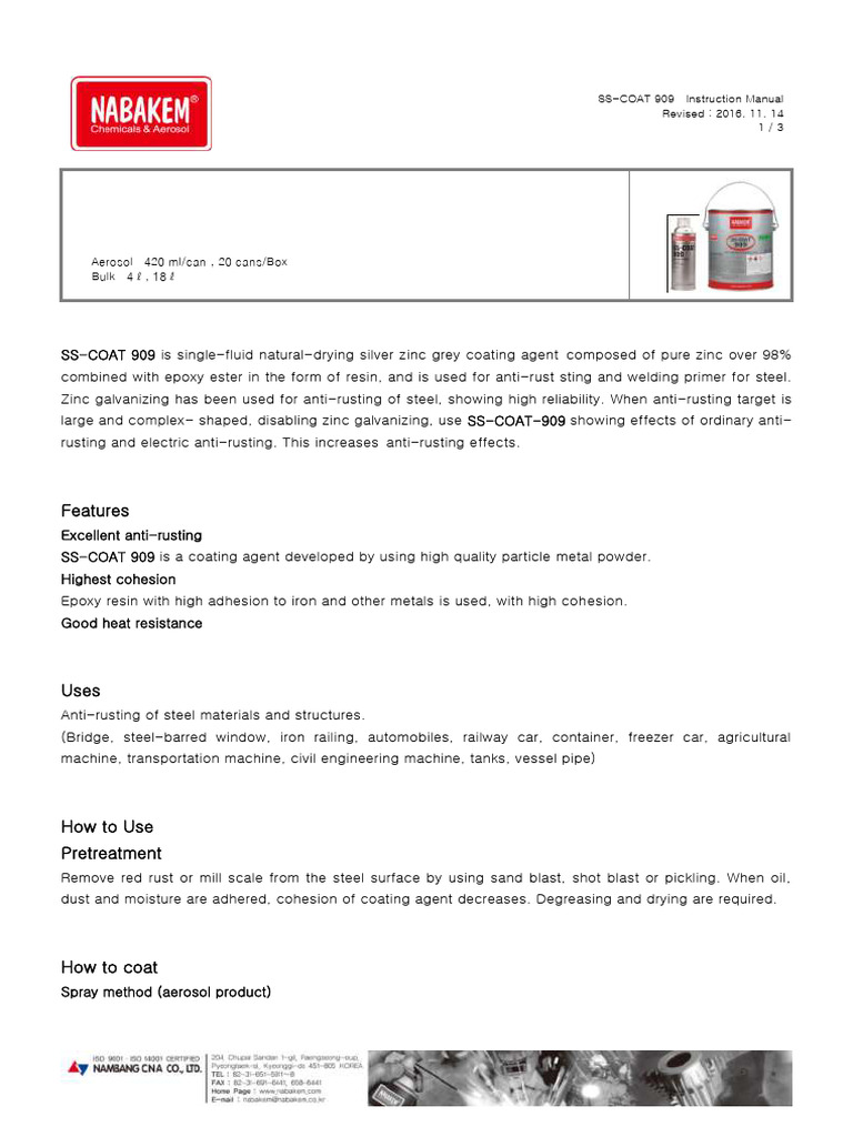 Nabakem SS Coat 909 Rust Preventive Zinc Spray | PDF | Rust | Coating