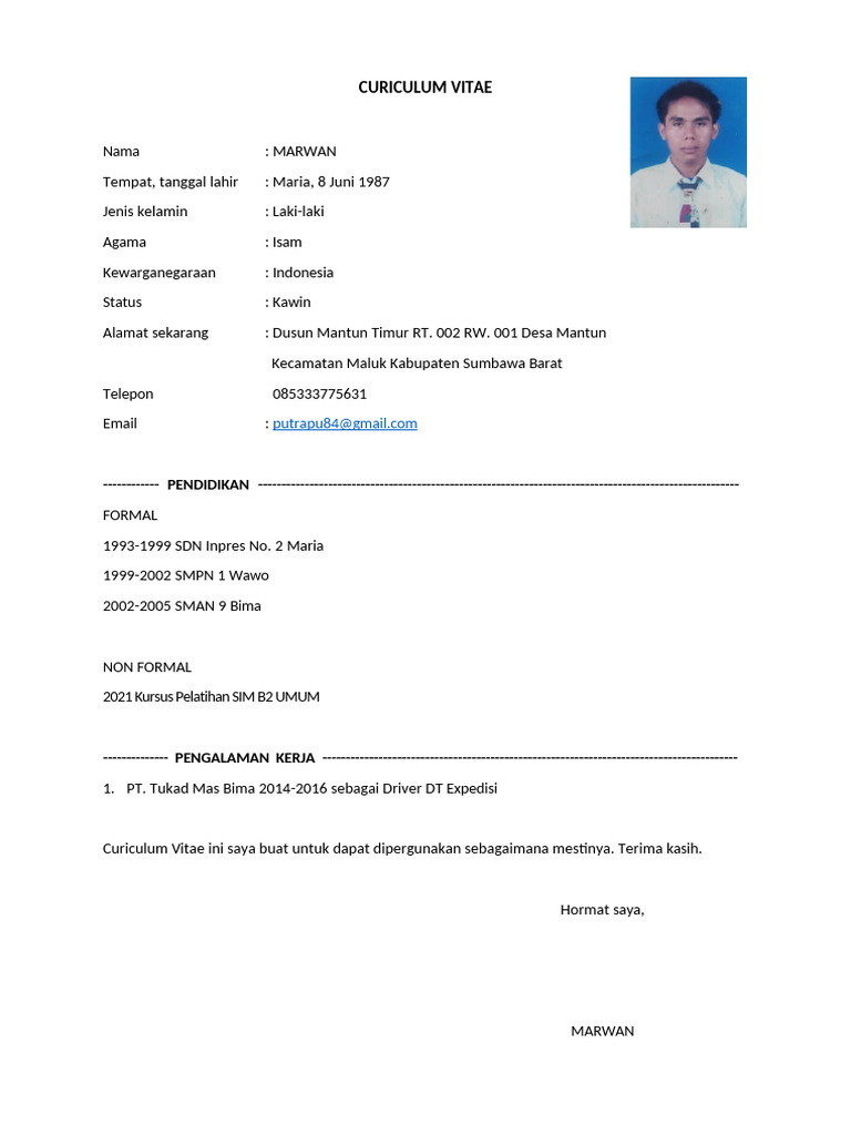 CV Marwan untuk Peluang Kerja | PDF