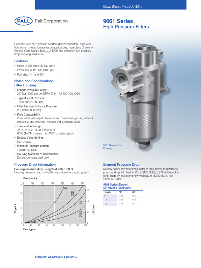 9661 Series High Pressure Filter Specs | PDF | Viscosity | Pressure