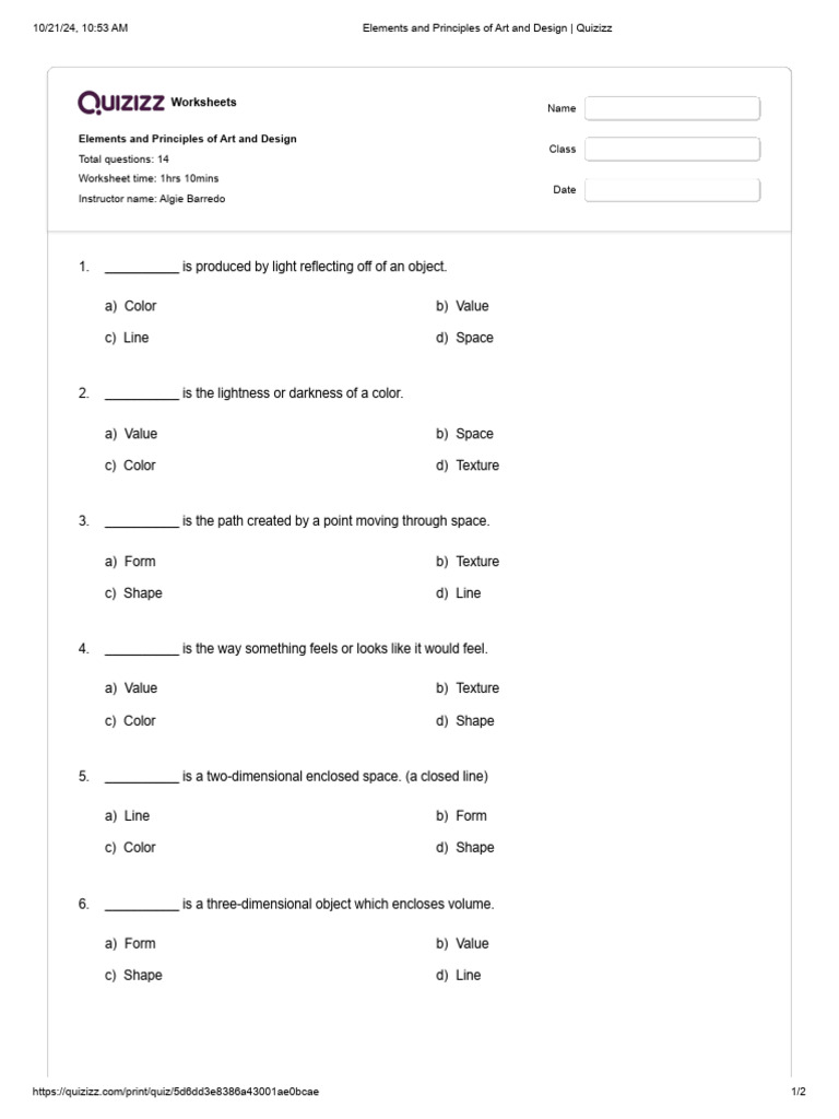 Elements and Principles of Art and Design - Quizizz | PDF | Shape | Color