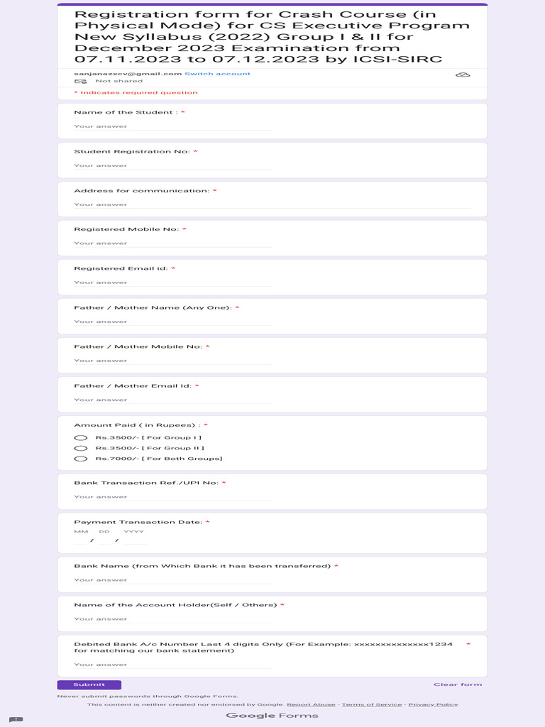 Registration Form For Crash Course (In Physical Mode) For CS Executive ...