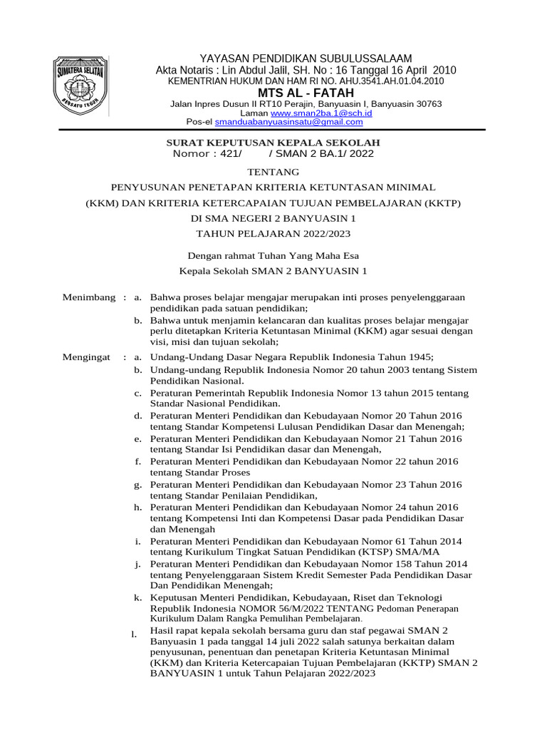 SK Penyusunan KKM Dan KKTP TP 2022 2023 | PDF