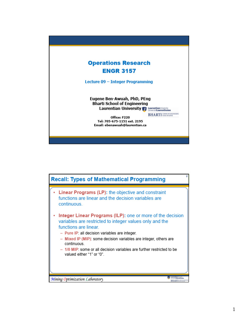 ENGR 3157-Operations Research-Lecture 09-IntegerProgramming | PDF ...
