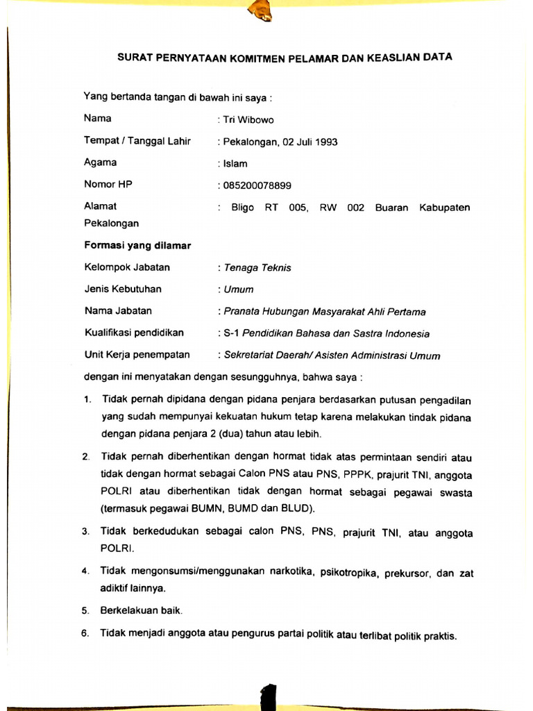 Surat Pernyataan Tri Wibowo | PDF