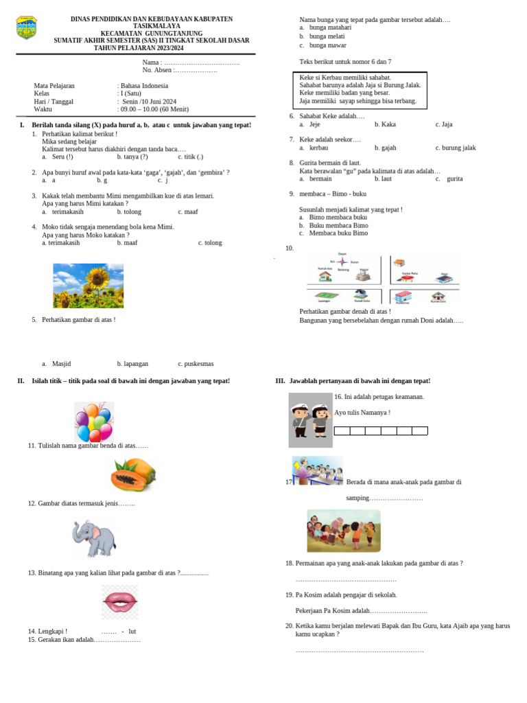 Ujian Bahasa Indonesia SD Kelas 1 | PDF