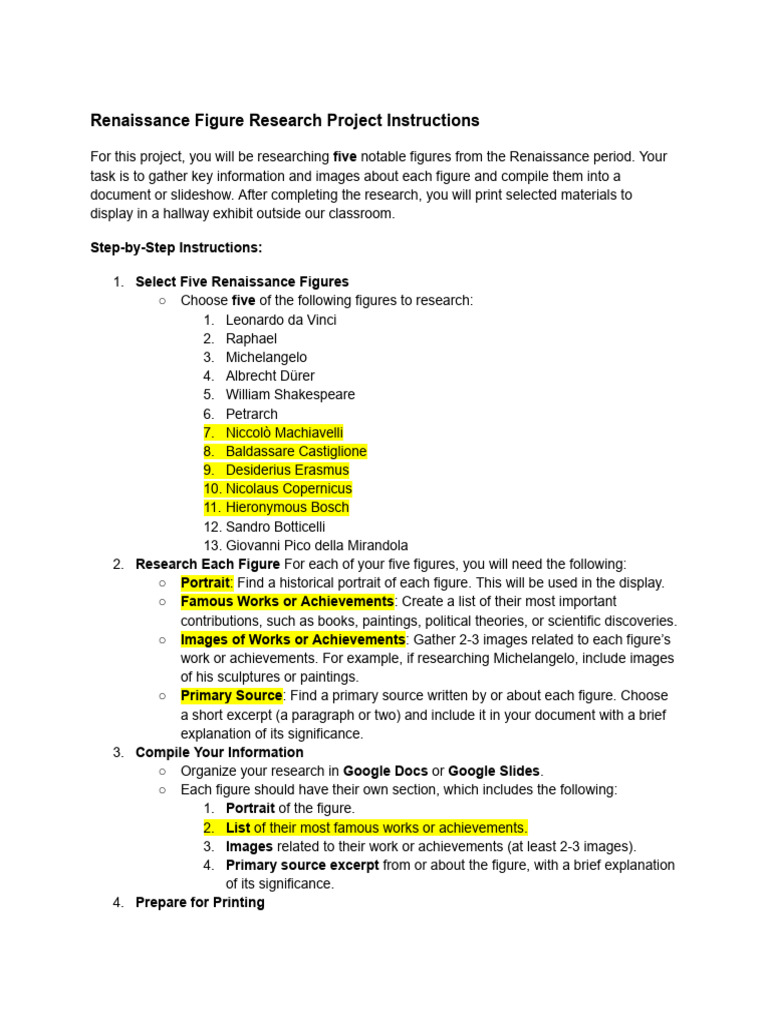 Renaissance Figure Research Project Instructions | PDF | Renaissance