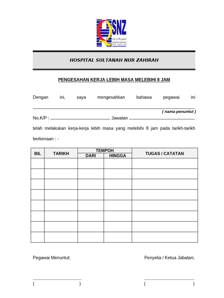 Borang Pengesahan Kerja Lebih Masa Melebihi 8 Jam | PDF