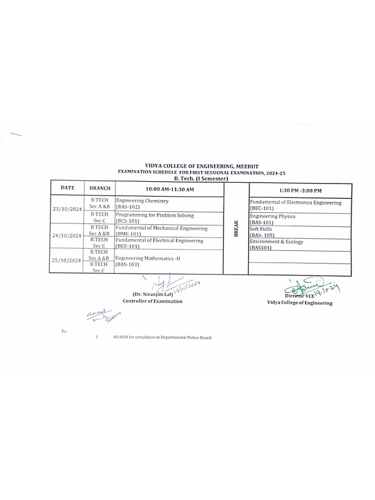 First Sessional Schedule Odd Sem 2024-25 | PDF