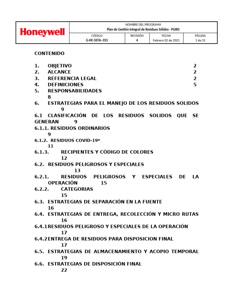 G-HC-SSTA-015 Plan de Gestion Integral de Residuos Solidos - PGIRS (V4 - 2021) | PDF | Residuos ...