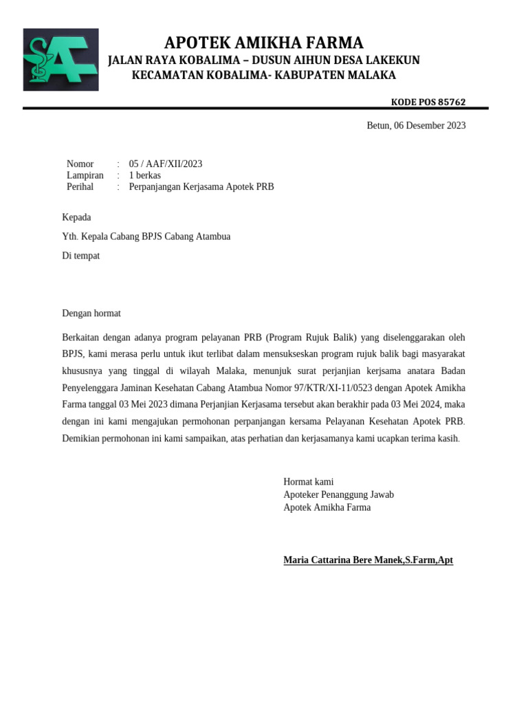 Perpanjangan Kerjasama Apotek PRB | PDF