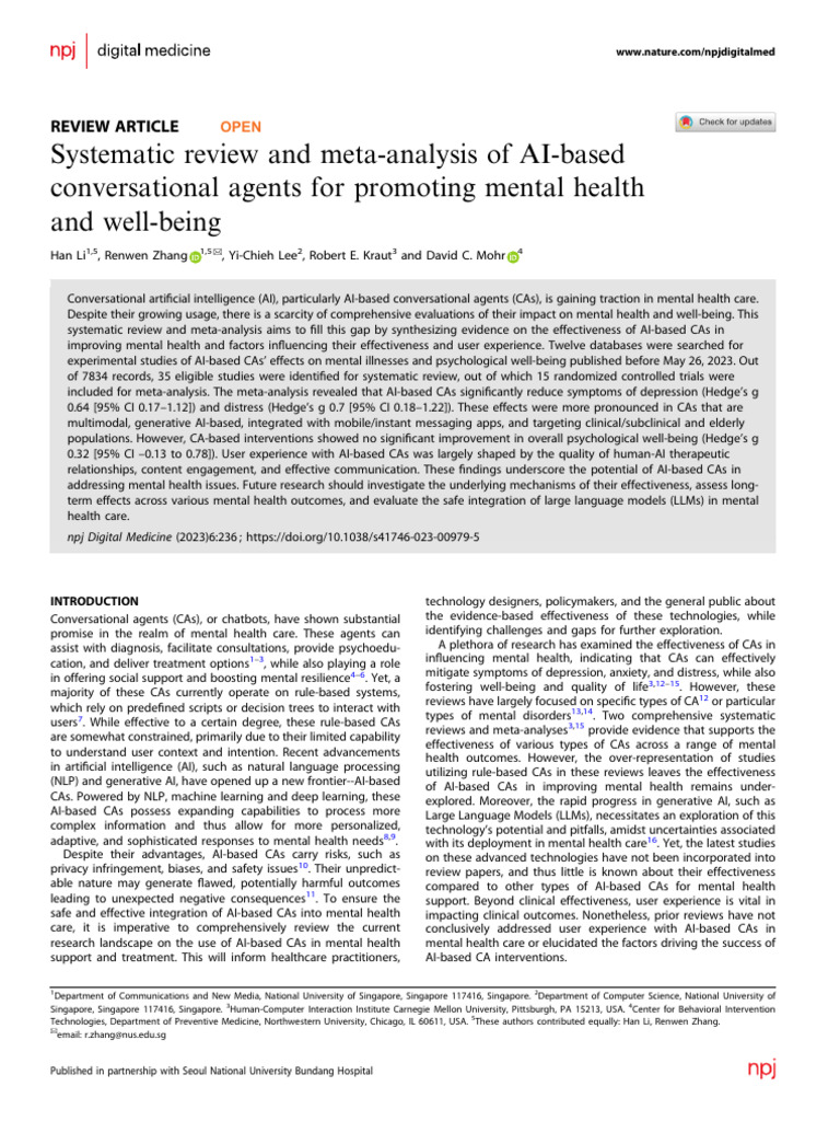 Systematic Review and Meta-Analysis of AI-based Conversational Agents For Promoting Mental ...