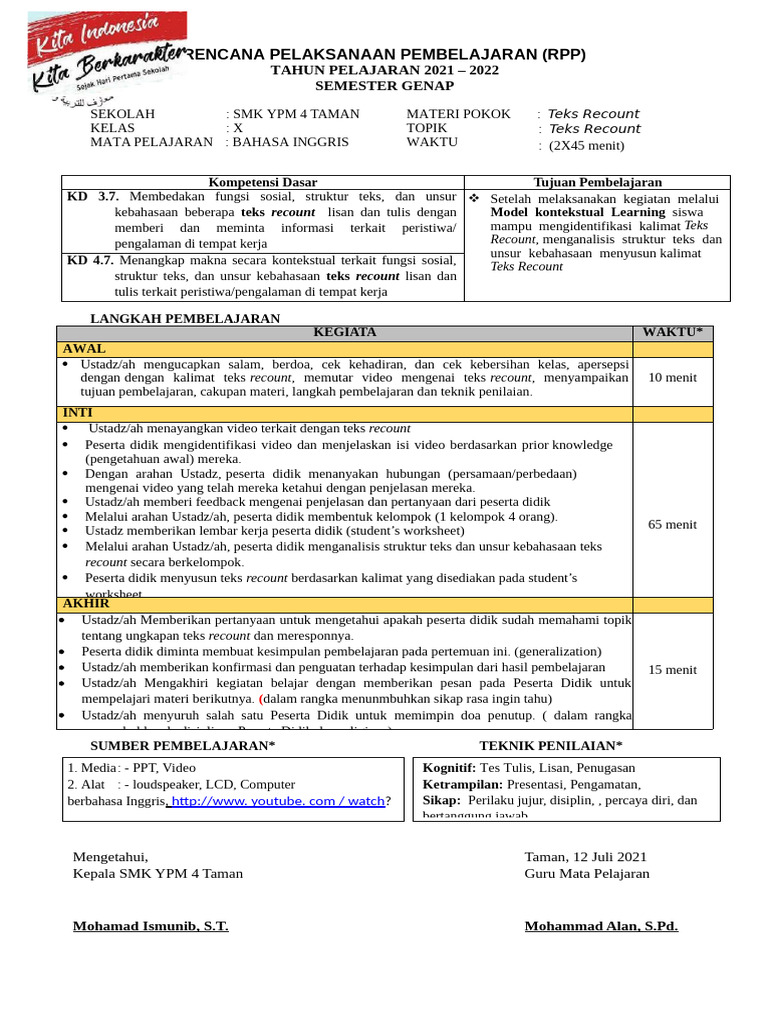 RPP Teks Recount Bahasa Inggris Kelas X | PDF | Zoo | Buildings And ...