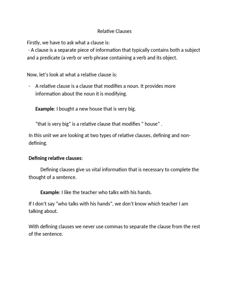 Relative Clauses Pdf Clause Verb
