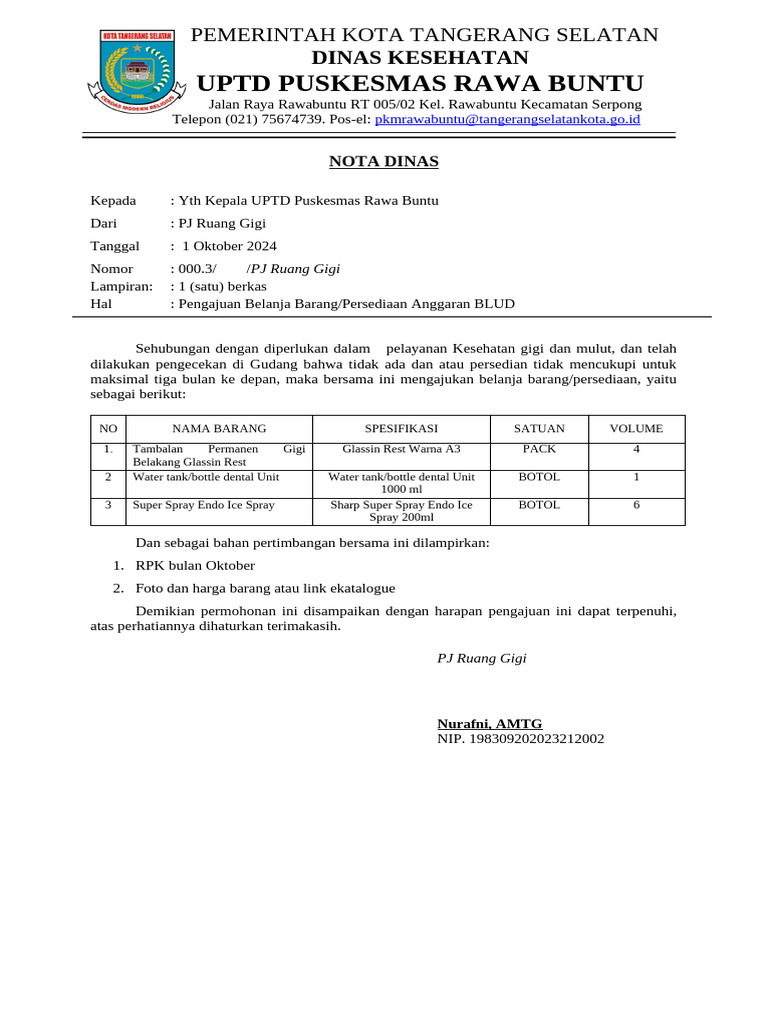 Nota Dinas Permohonan Barang Dan Jasa - Kegiatan POLI GIGI OKTOBER 2024 ...