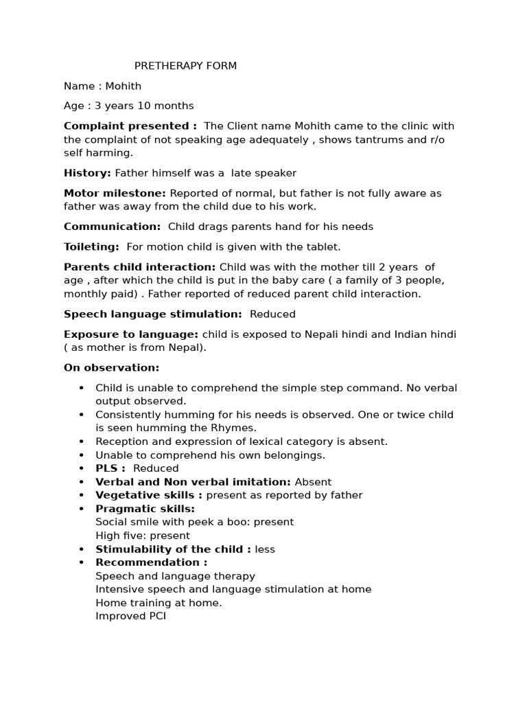 Mohith Pre Therapy Form | PDF