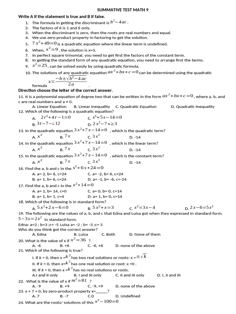 Copy of PT_MATHEMATICS 9_Q1 | PDF | Quadratic Equation | Equations