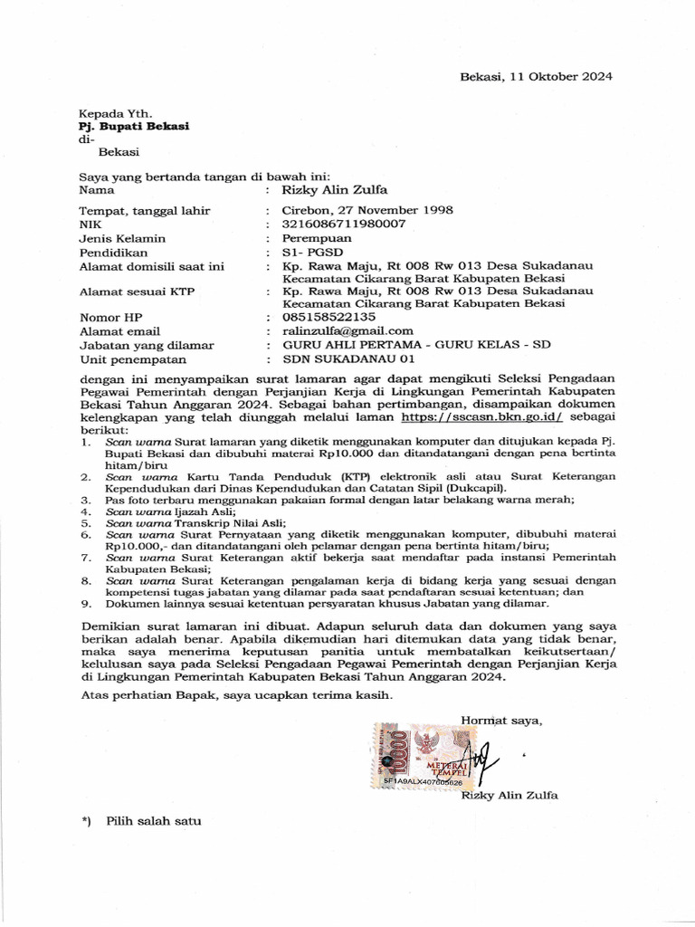 Surat Lamaran - Rizky Alin Zulfa | PDF