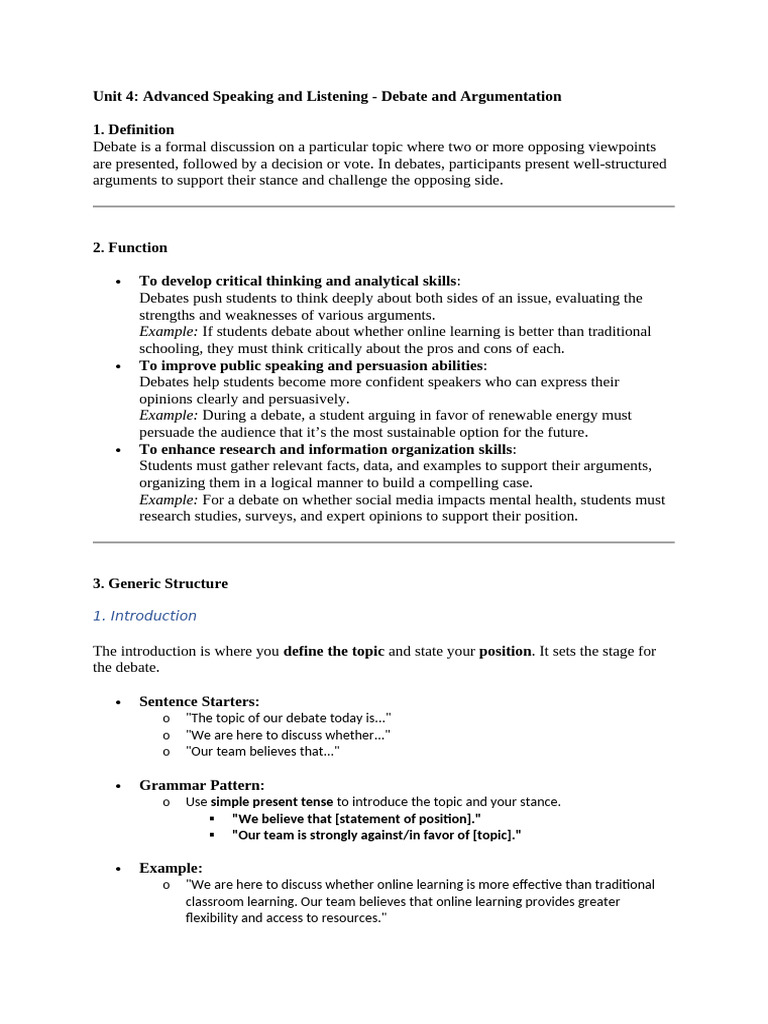 Unit 4 Advanced Speaking and Listening - Debate and Argumentation | PDF ...