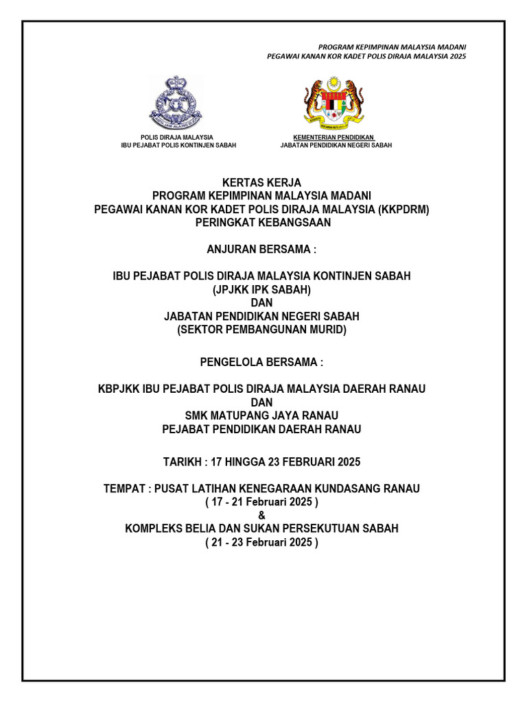 Kertas Kerja Program Pegawai Kanan Kor Kadet Polis Peringkat Kebangsaan | PDF