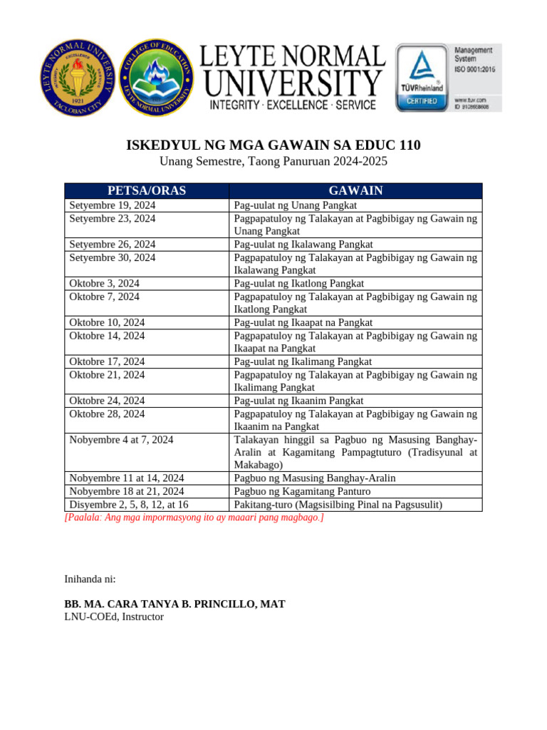Educ-110 - Iskedyul-Ng-Mga-Gawain | PDF