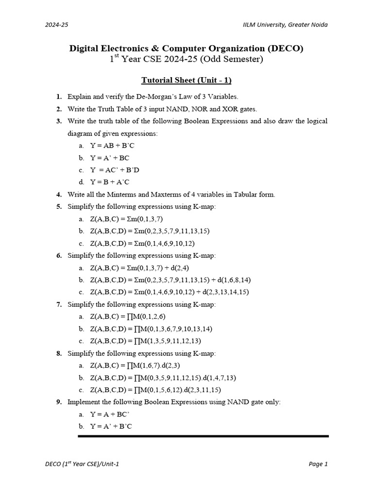 Unit-1 DECO Tutorial Sheet | PDF