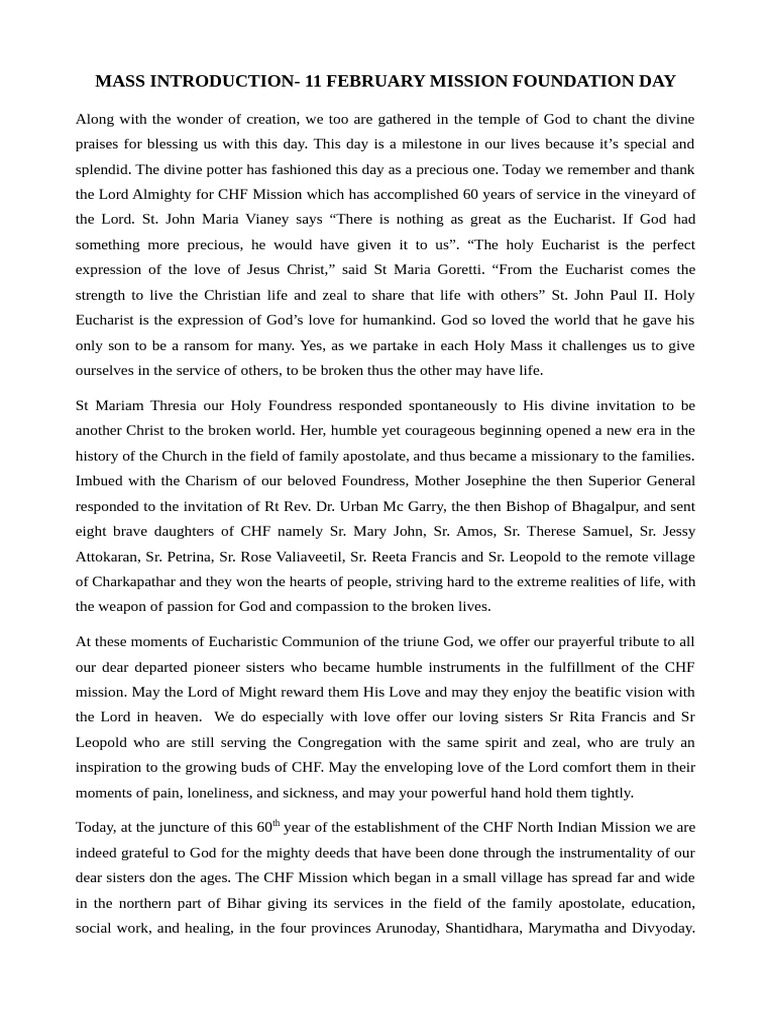 Mass Introduction Foundation day | PDF | Eucharist | Blessing