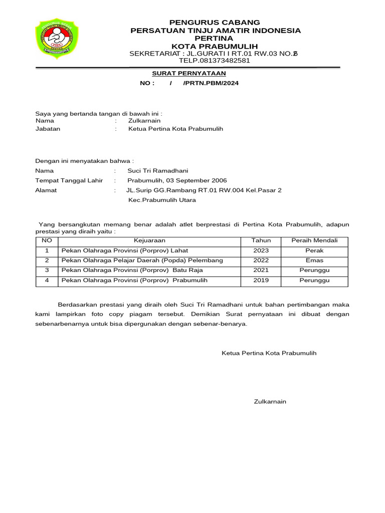 Surat Pernyataan Atlet Berprestasi | PDF