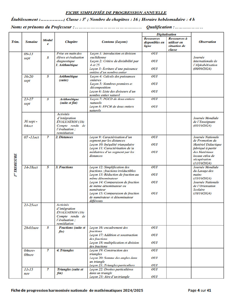 Fiches Des Progressions Harmonisées Nationales Maths 2024-2025 5e | PDF