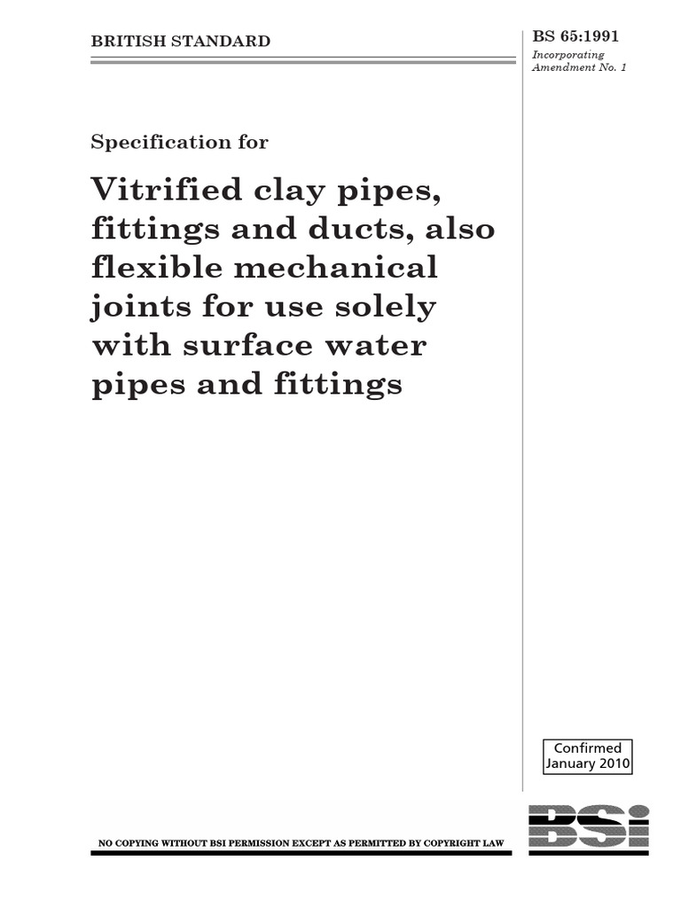 Vitrified Clay Pipes Standard BS 65:1991 | PDF | Pipe (Fluid Conveyance ...