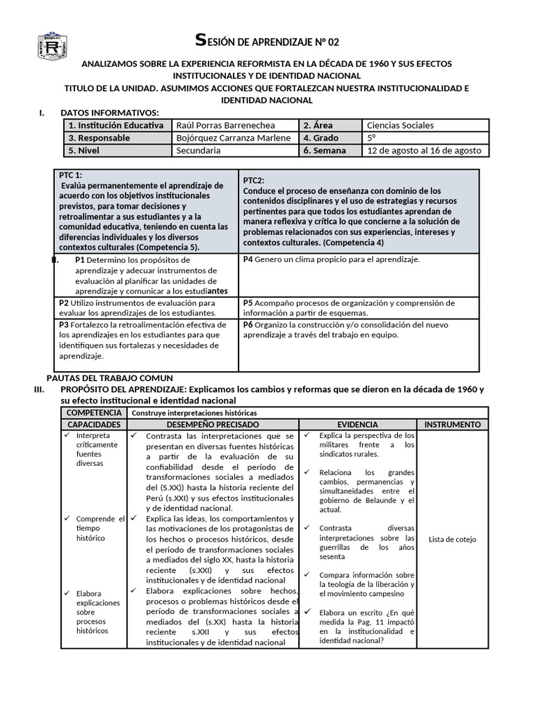 Sesion de Aprendizaje N°02 - CCSS - 5° Año - La Experiencia Reformista en La Década de 1960 ...