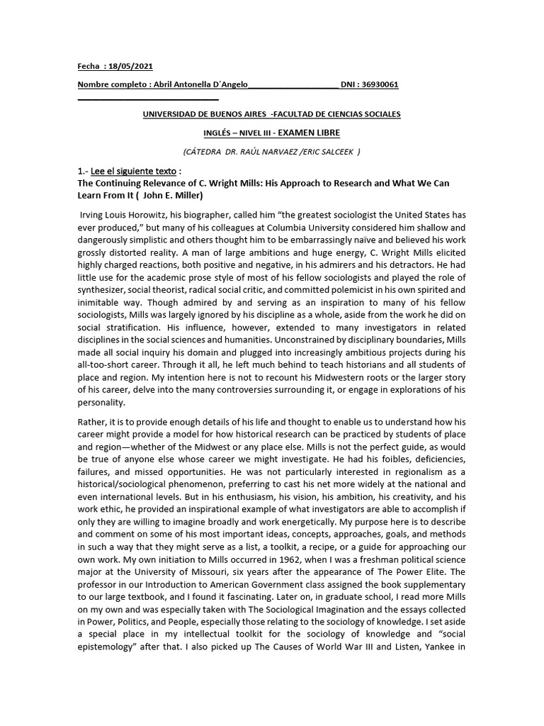 Examen Libre: C. Wright Mills | PDF | Sociology | Liberal Arts Education