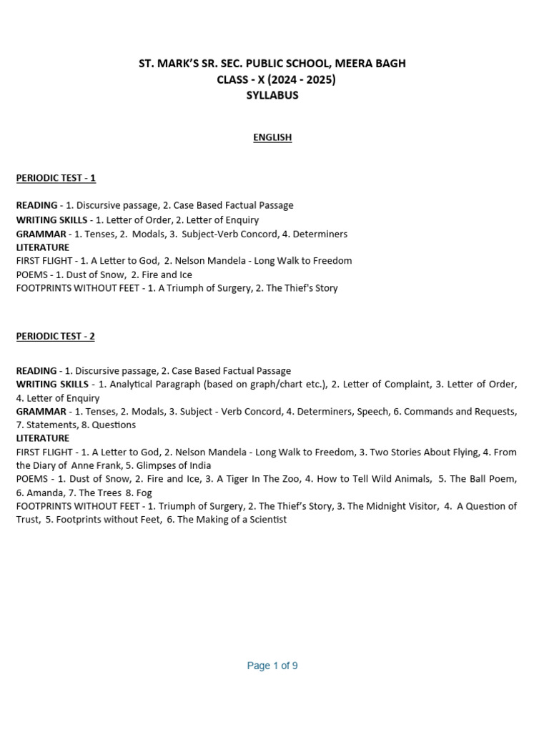 St. Mark'S Sr. Sec. CLASS - X (2024 - 2025) Syllabus: Public School, Meera Bagh | PDF ...