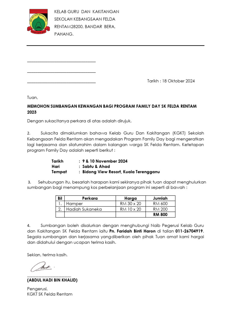 SUMBANGAN Family Day KGKT | PDF