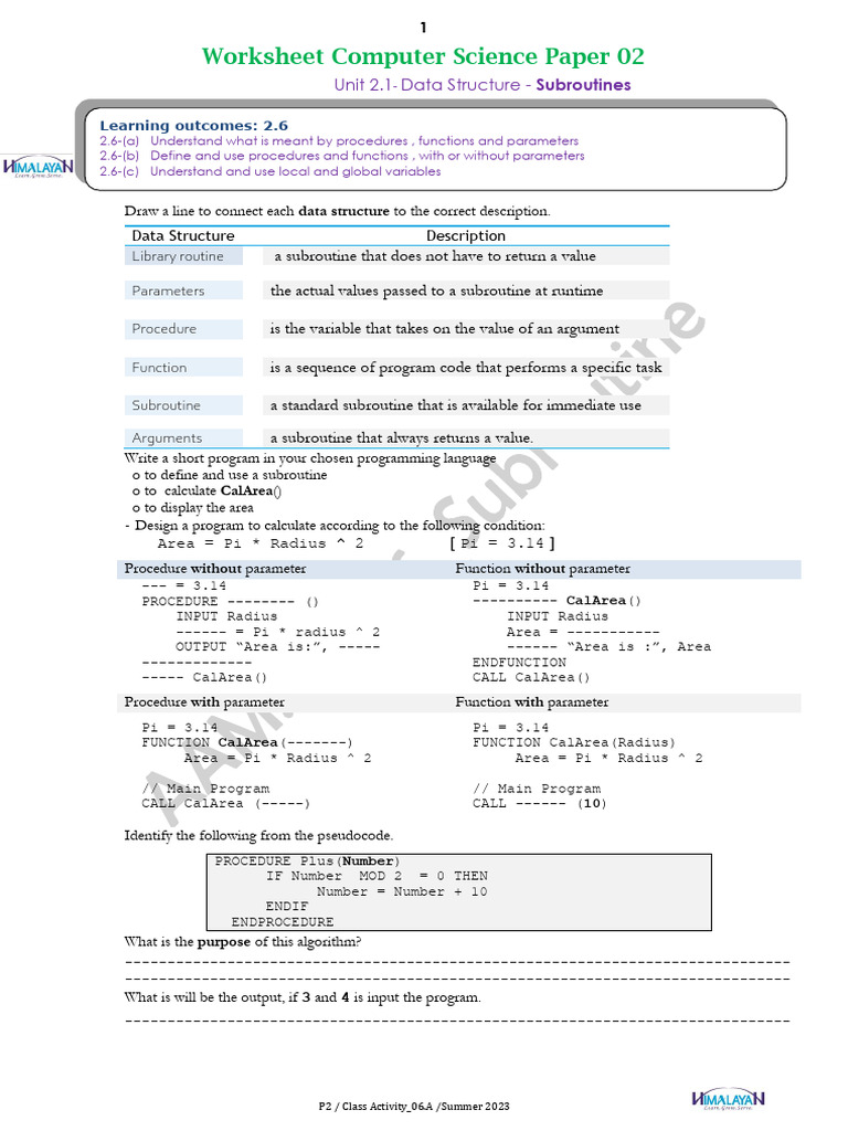 P2 06 A Class Activity Subroutine Pdf Parameter Computer