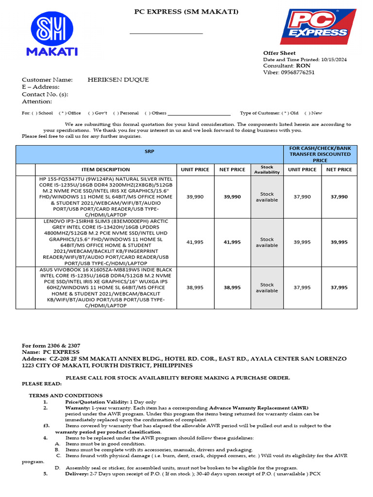 10-15-2024 PCXMAKATI QUOTATION LAPTOP (Heriksen) | PDF | Banks | Laptop