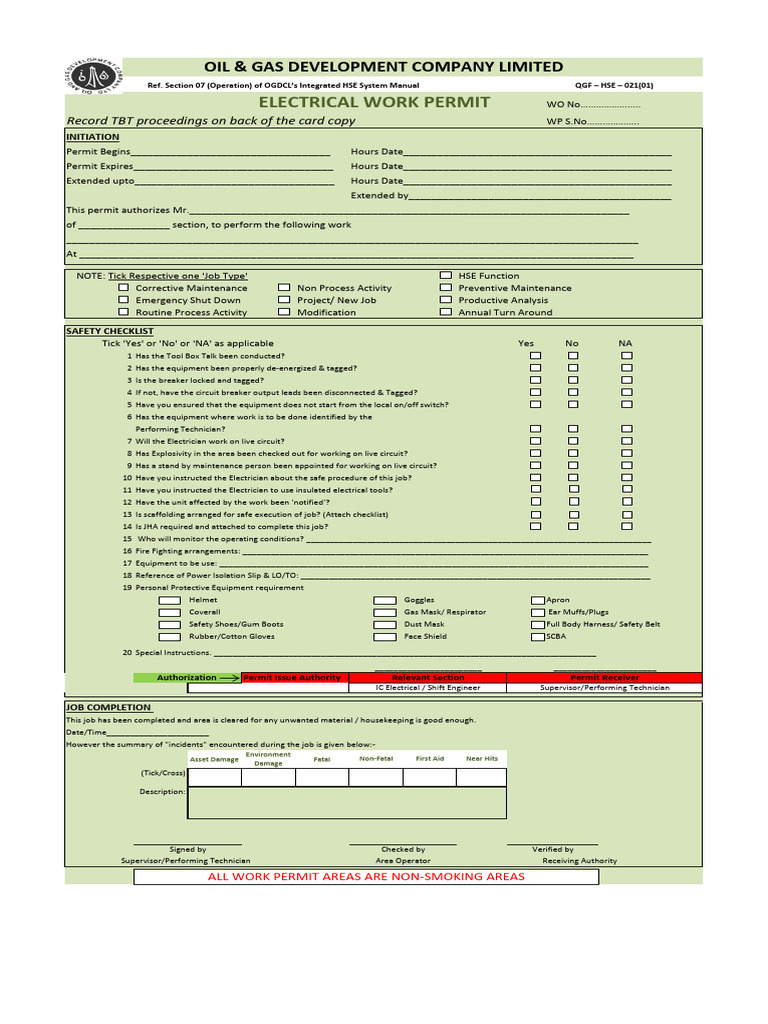 Electrical Work Permit (Ogf-hse-21) | PDF | Personal Protective ...