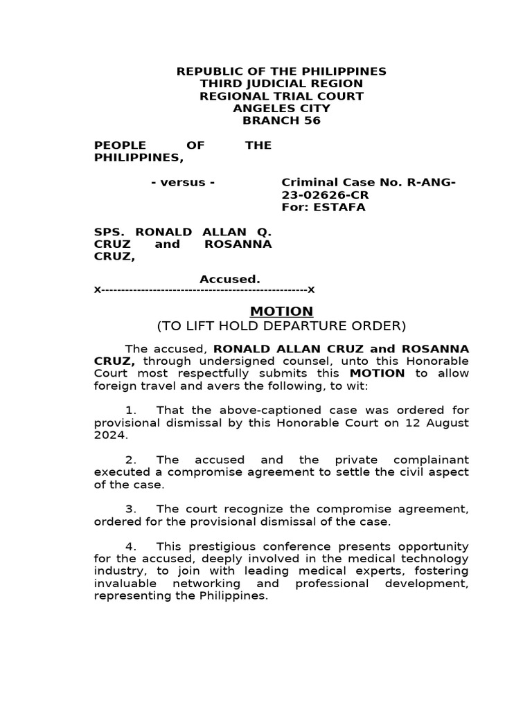 Draft Motion To Allow Foreign Travel | PDF | Courts | Justice