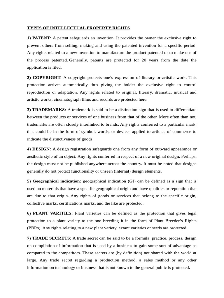 TYPES OF INTELLECTUAL PROPERTY RIGHTS | PDF | Trademark | Patent