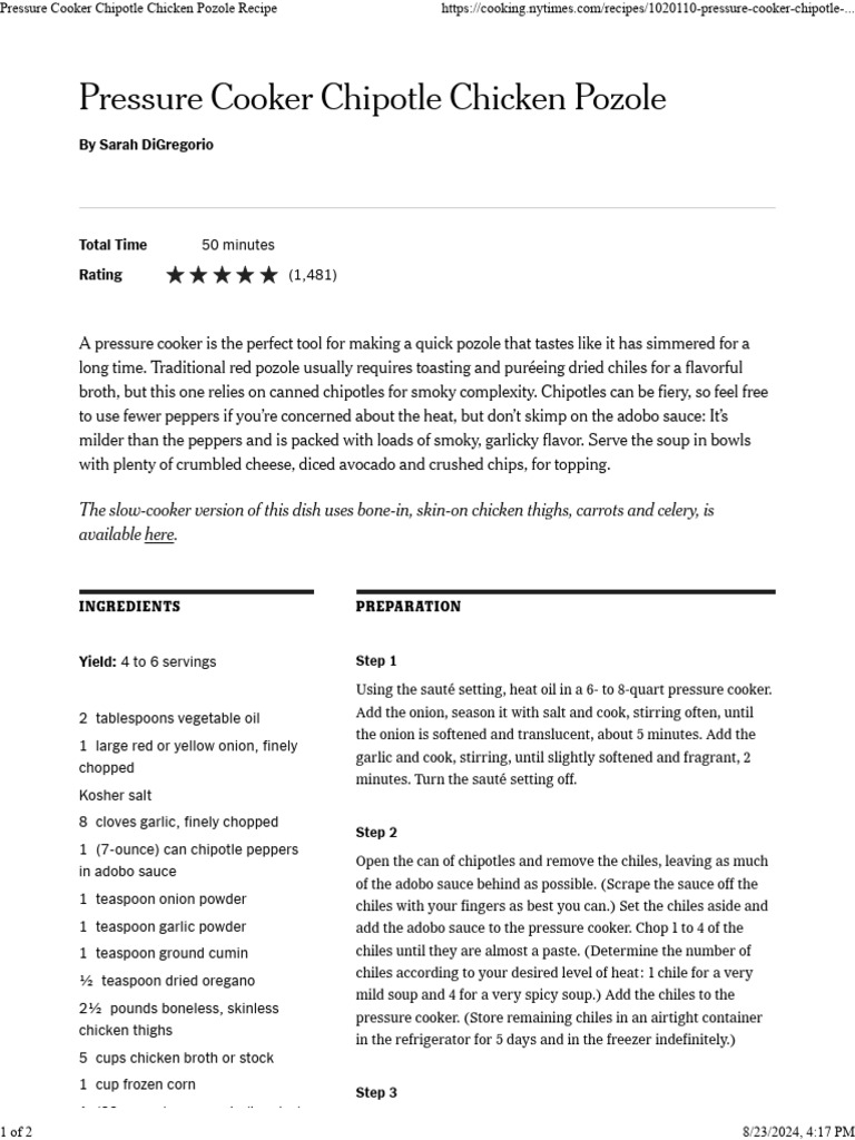 Pressure Cooker Chipotle Chicken Pozole Recipe | PDF | Pressure Cooking ...