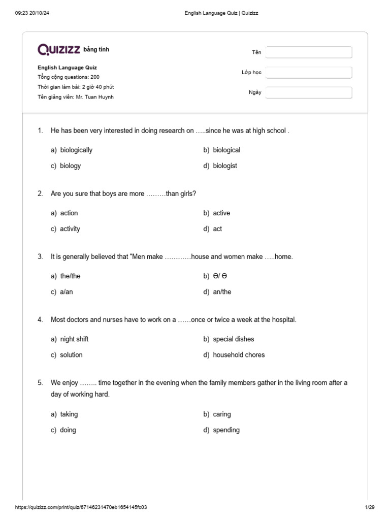 English Language Quiz Overview | PDF | Marriage | Nonverbal Communication