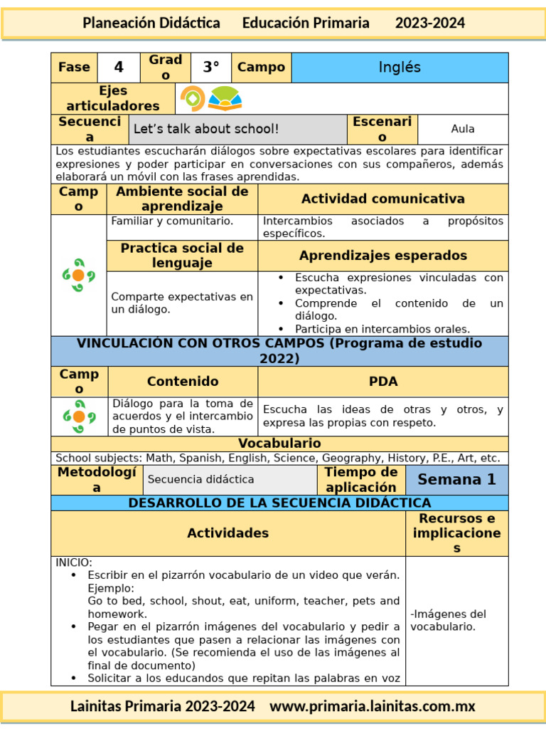Planeación Didáctica Inglés Primaria 2023 | PDF | Aprendizaje | Maestros