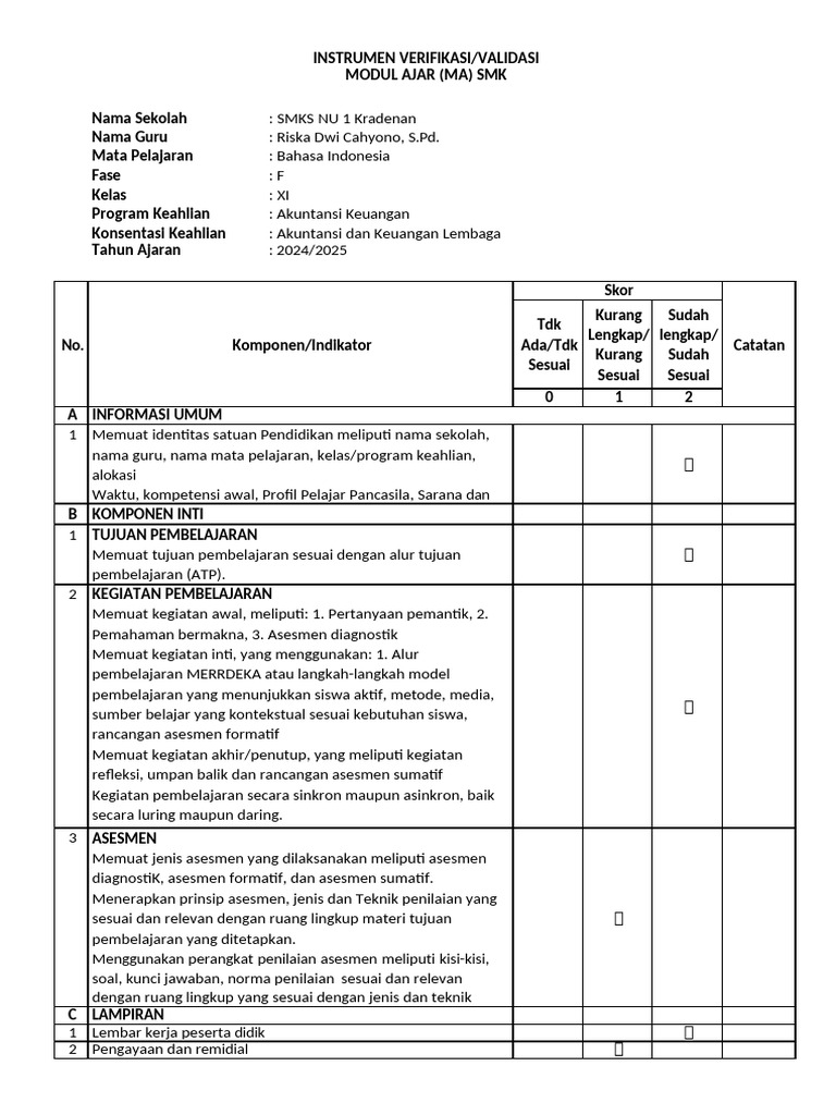 Instrumen Verifikasi MA B. Indonesia | PDF