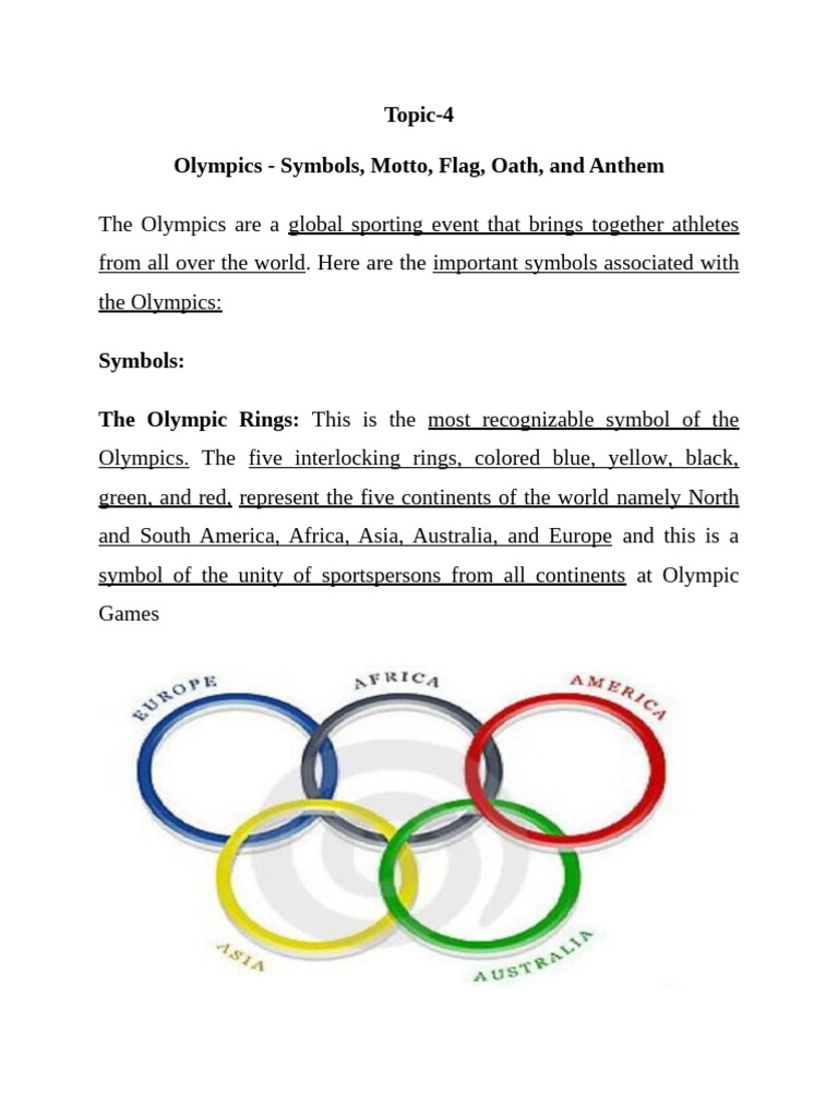 Topic 4- Olympics - Symbols,Motto, Flag, Oath and Anthem | PDF