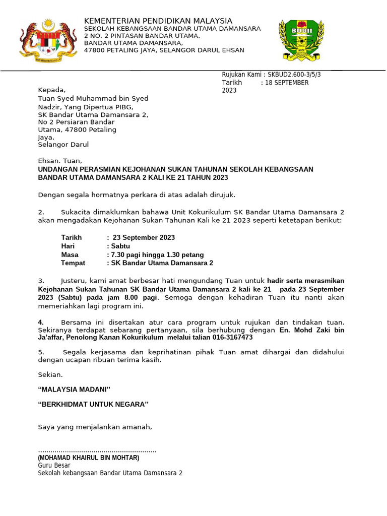 Surat Perasmi Sukan 2023 YDP | PDF