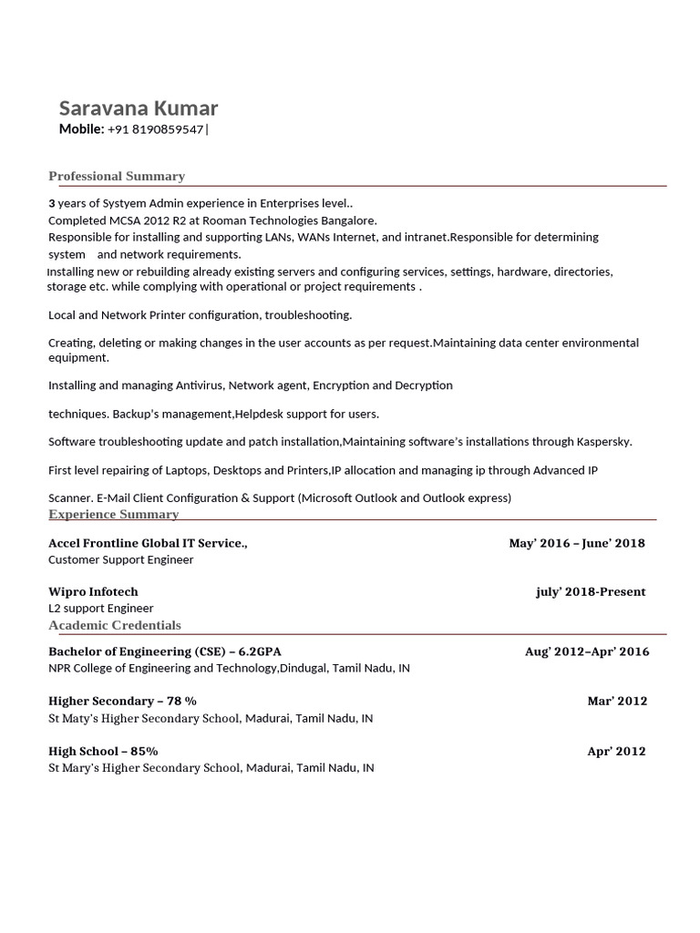 Resume Saravanakumar | PDF | Computer Network | Technical Support