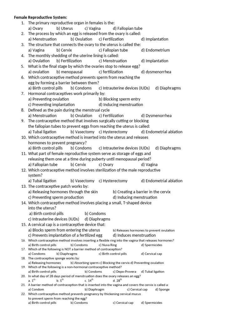 Female Reproductive System Quiz | PDF | Birth Control | Menstrual Cycle
