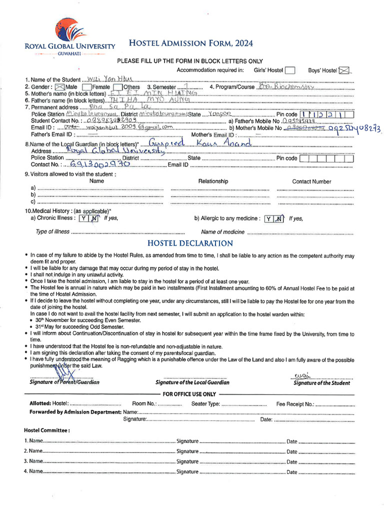 University Hostel Form | PDF