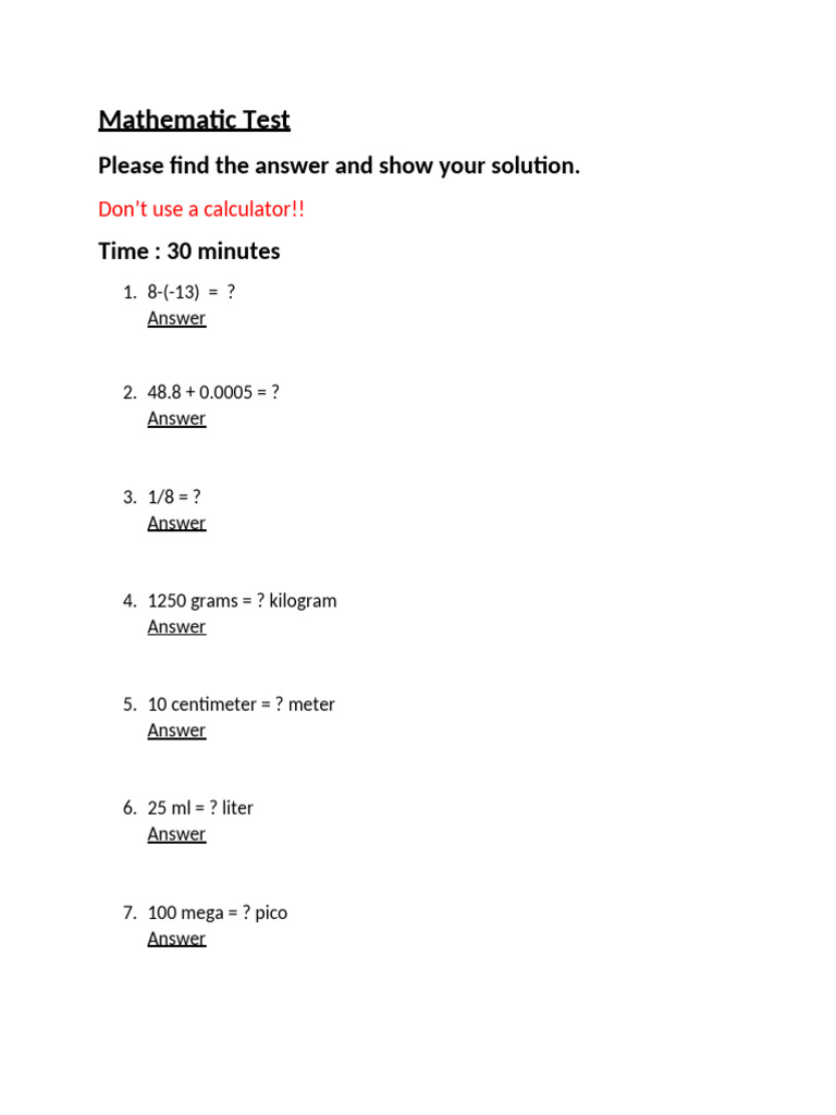 Math Test Questions and Solutions | PDF