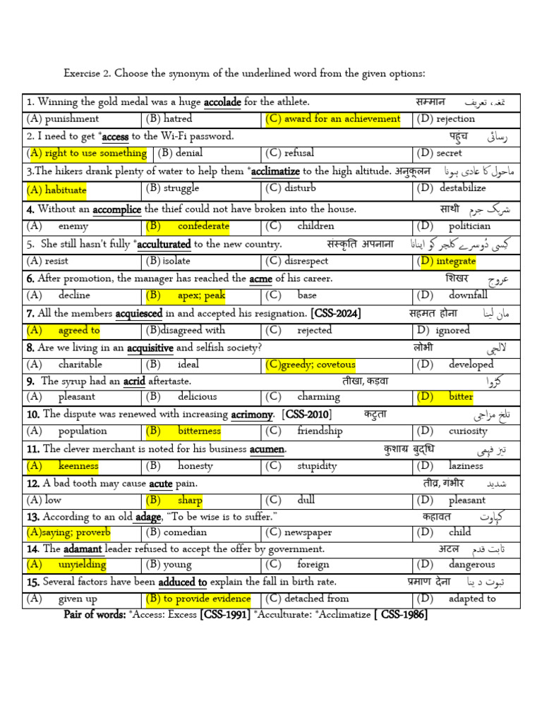Synonym Exercises for Vocabulary Building | PDF