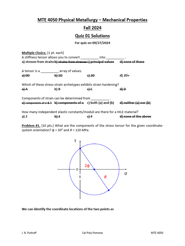 MTE 4050 Quiz 01 Solutions | PDF | Stress (Mechanics) | Elasticity (Physics)